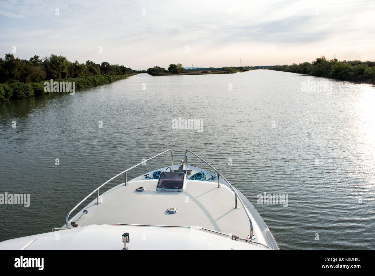 First person point of view over the prow of a cruise boat sailing on a ...