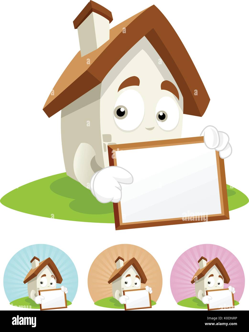 House cartoon character illustration holding a blank white board, copy ...