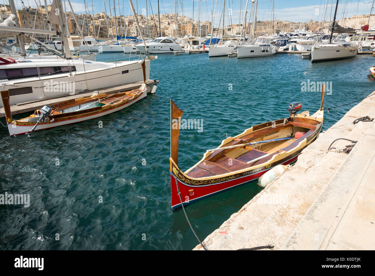 Close up of the bow of a Dg ajsa a raditional Maltese water taxi moored ...