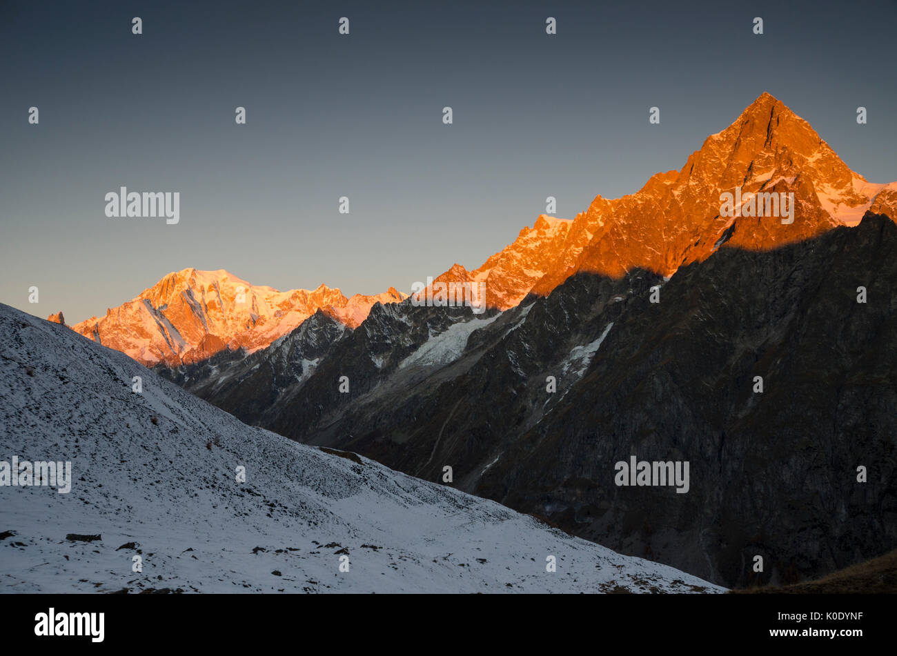 Mont Blanc and Grandes Jorasses in the sunrise (Ferret Valley, Aosta ...