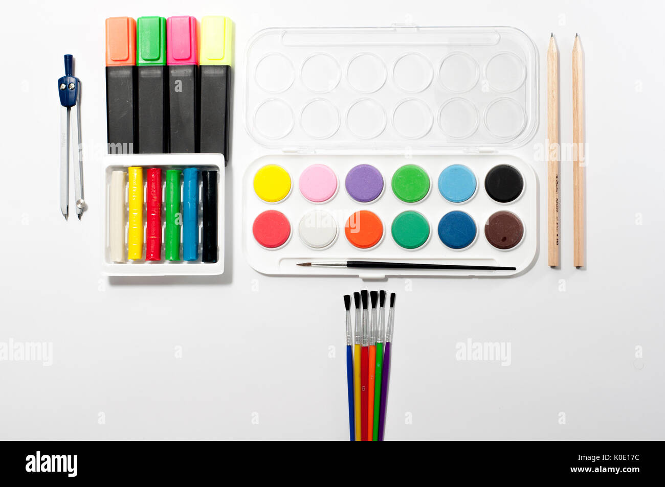 Set of school supplies, office supplies, pens, pencils, notebooks ...