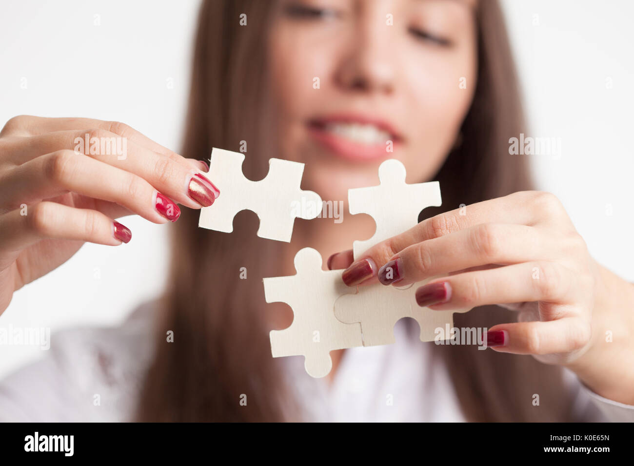 Problem solution concept flat.Man's hand places last detail of puzzle ...