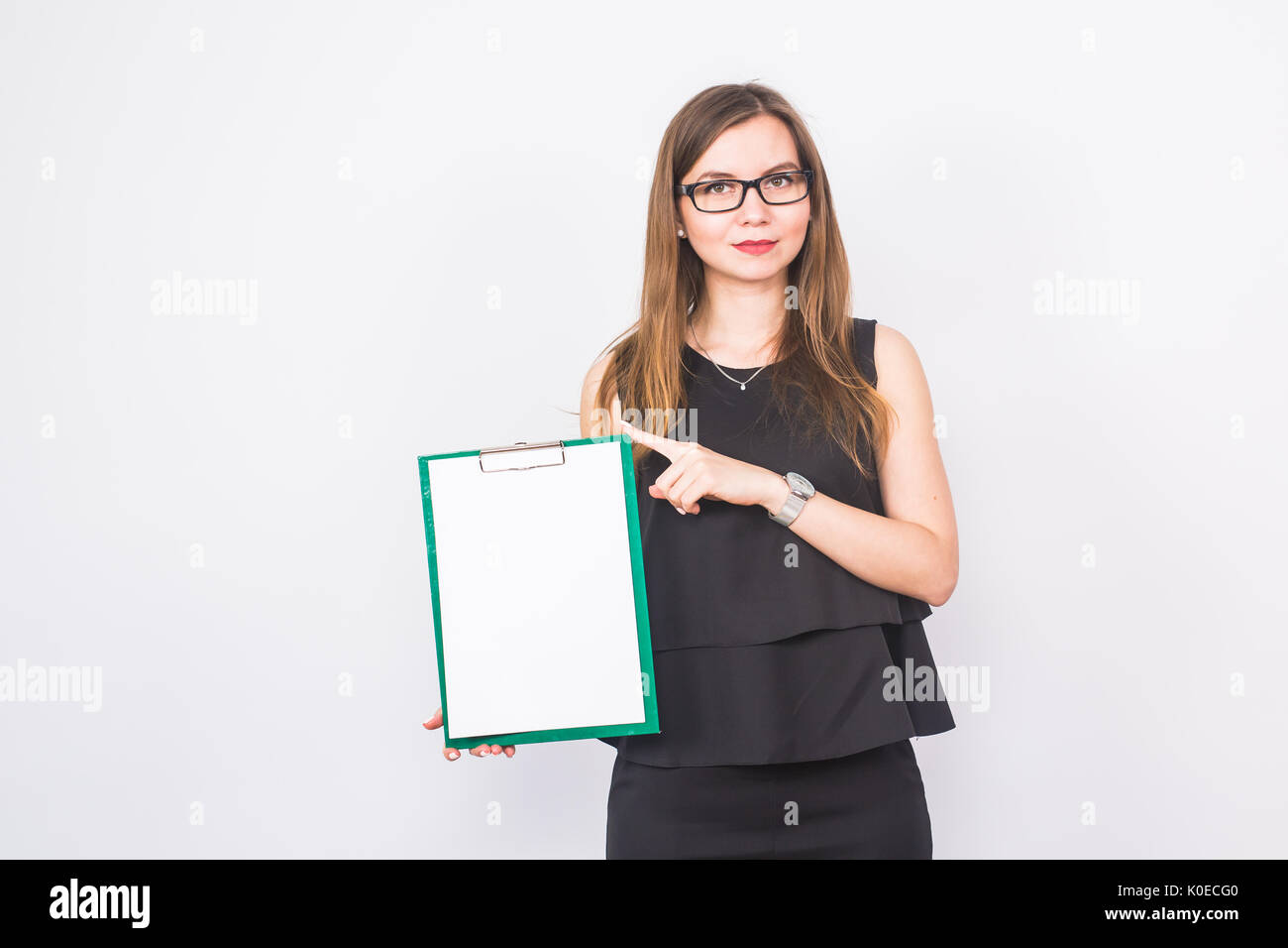 Business woman show board, banner with copy space. white background ...