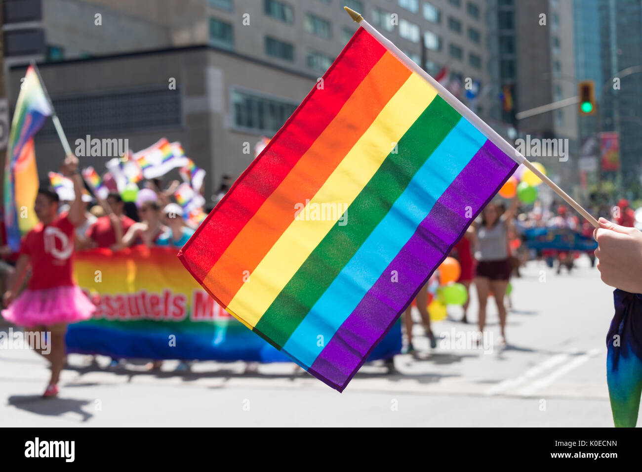 Montreal, CANADA - 20 August 2017: Gay rainbow flag at Montreal gay ...