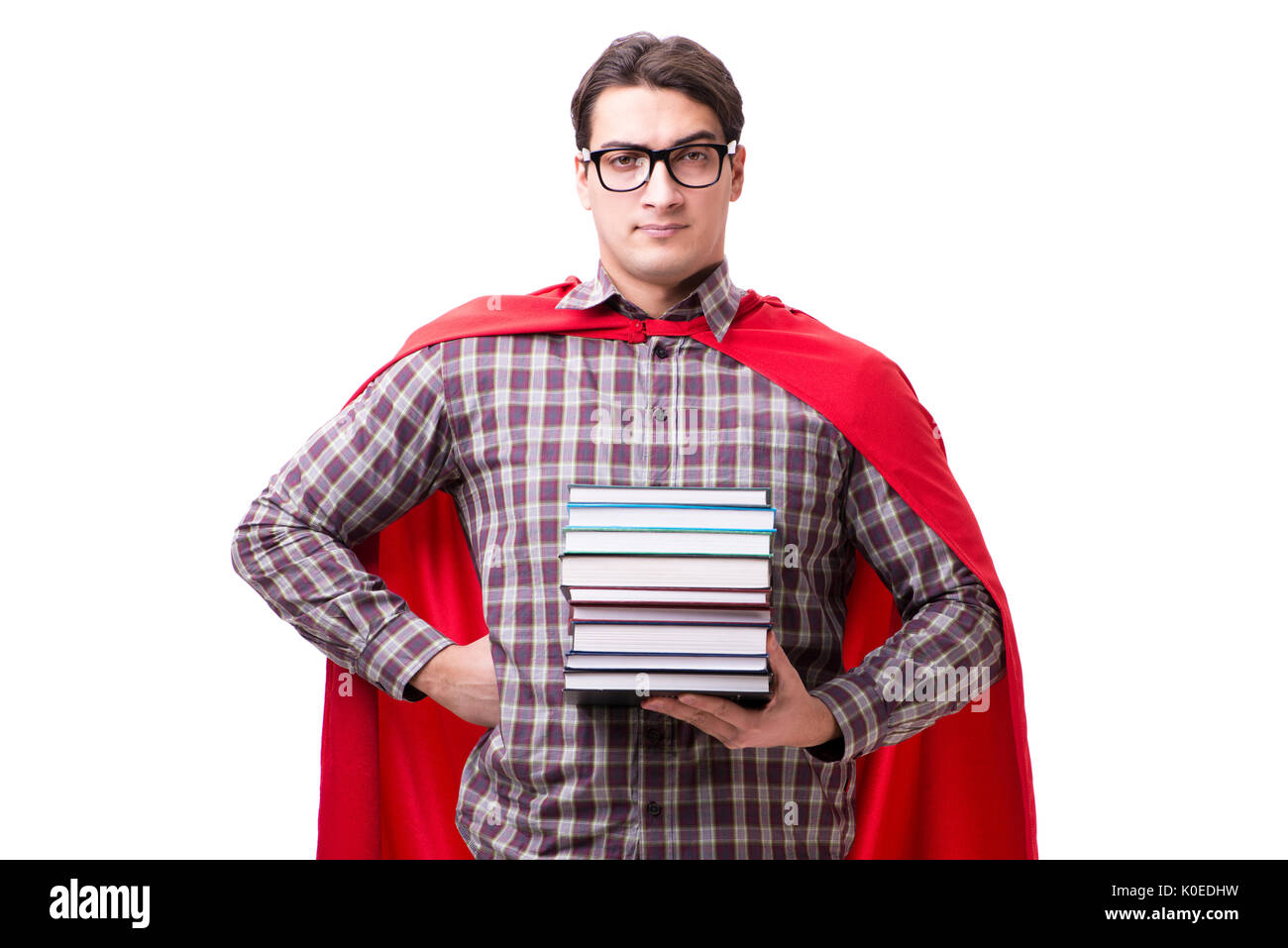 Super hero student with books isolated on white Stock Photo - Alamy