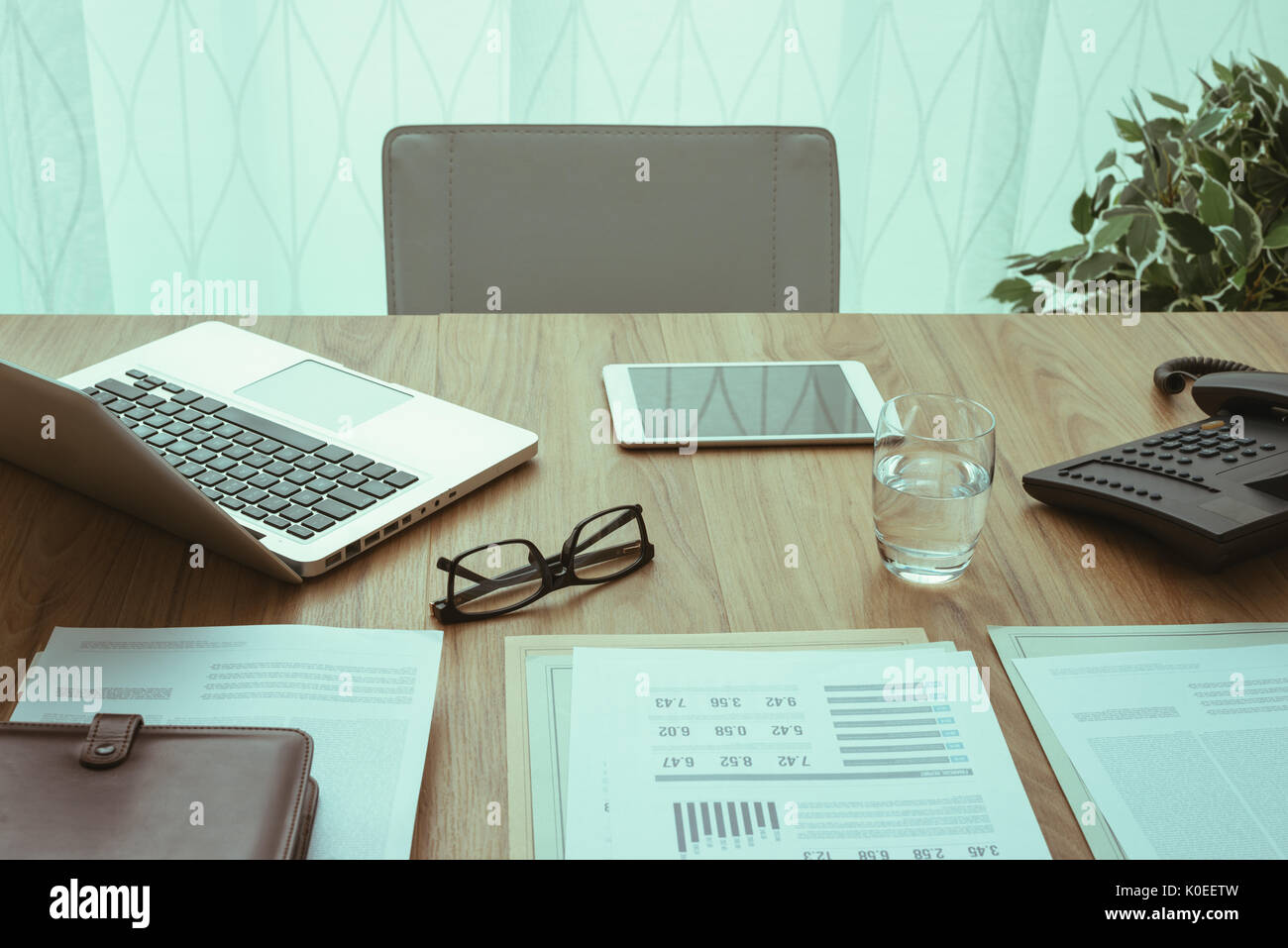 Corporate business office workspace, professional desktop with laptop ...