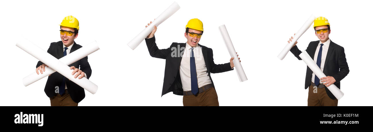 Funny architect with drawings on white Stock Photo - Alamy
