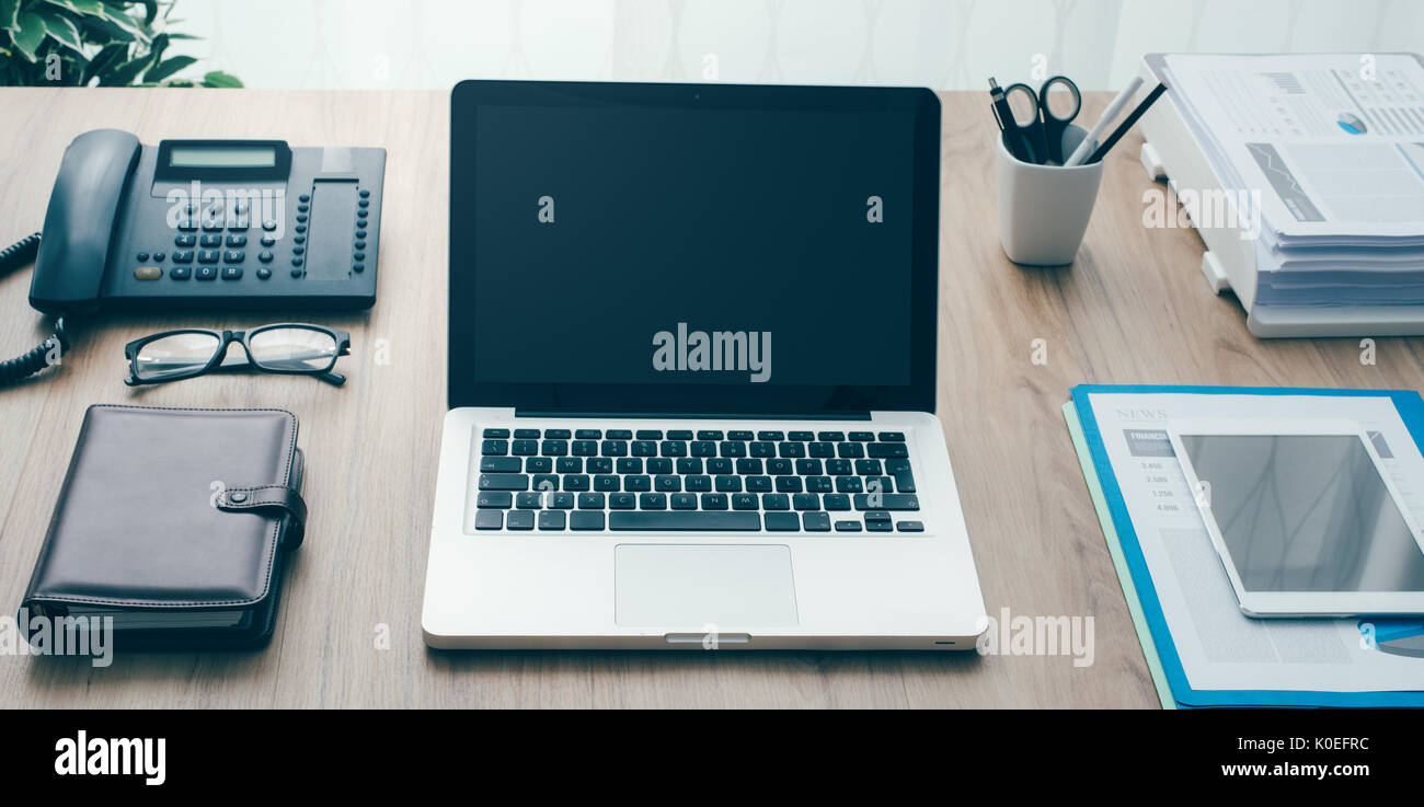 Business tidy organized work desktop with laptop, organizer and digital ...