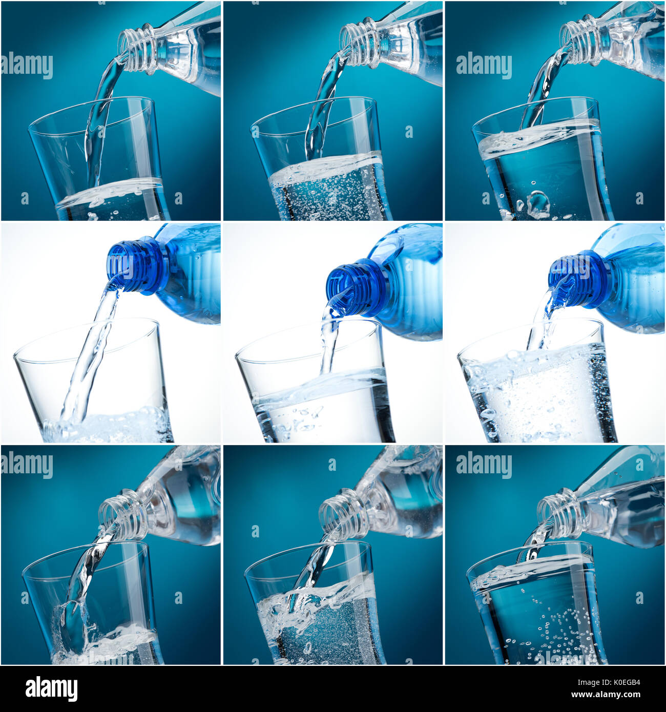 Pouring mineral water from a platic bottle and glass filling stages, photo collection mosaic ...