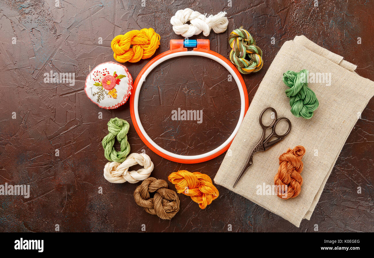 Set for embroidery, embroidery hoop, linen fabric, thread, scissors ...