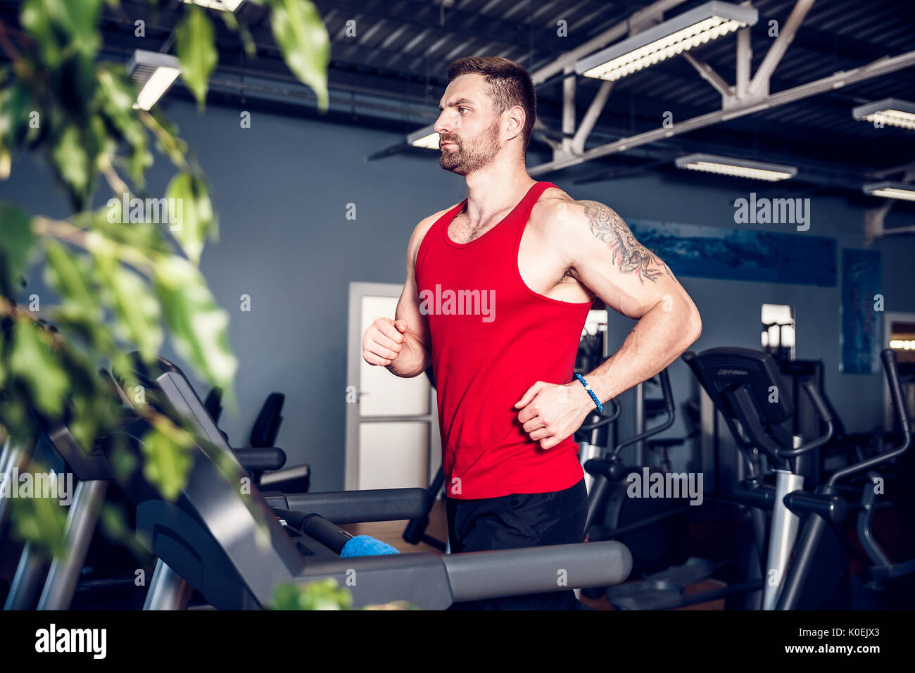 Muscle man running on treadmill Stock Photo - Alamy