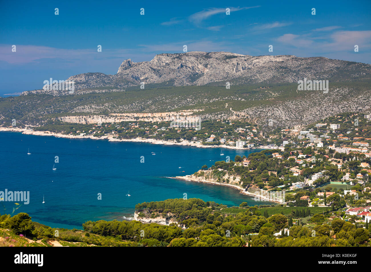 Panoramic top view of the Cassis coastline from the Route des Cretes in ...