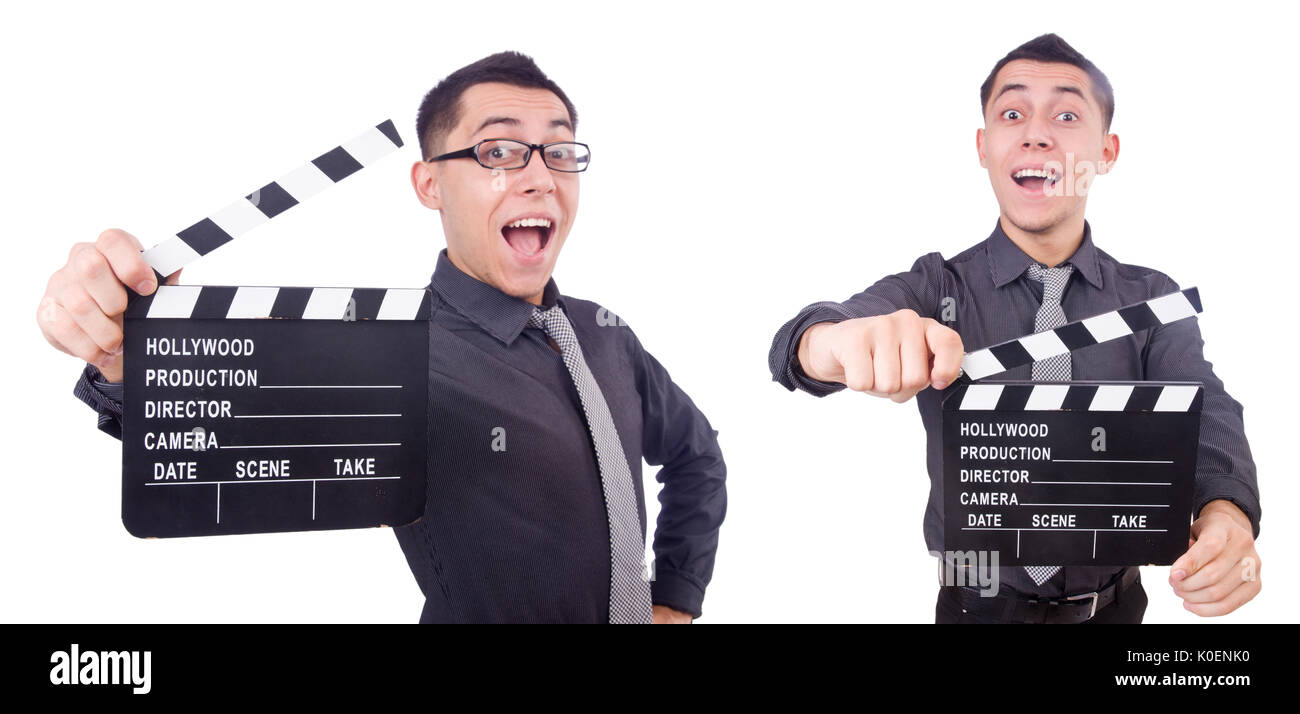 Funny man with movie clapper Stock Photo - Alamy