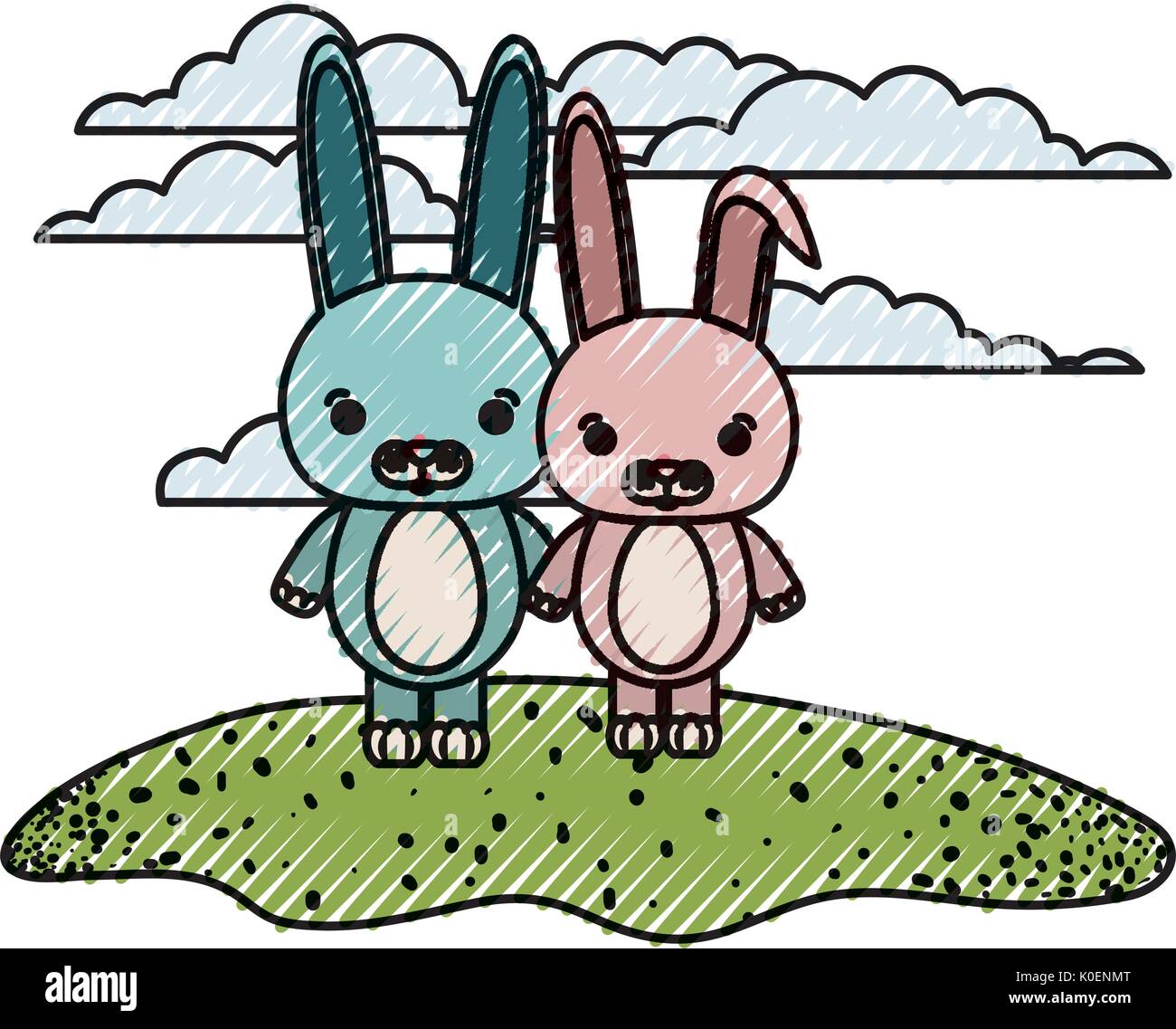 color crayon silhouette scene couple caricature rabbits animals in ...