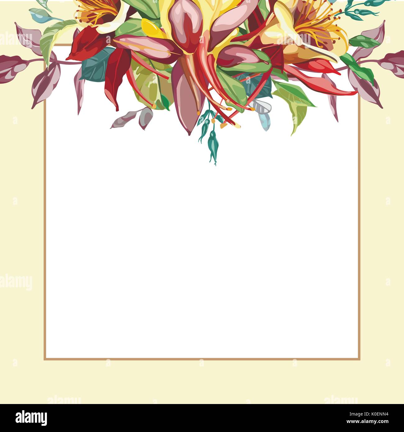 Floral frame with red flowers on light background. Greeting card or ...