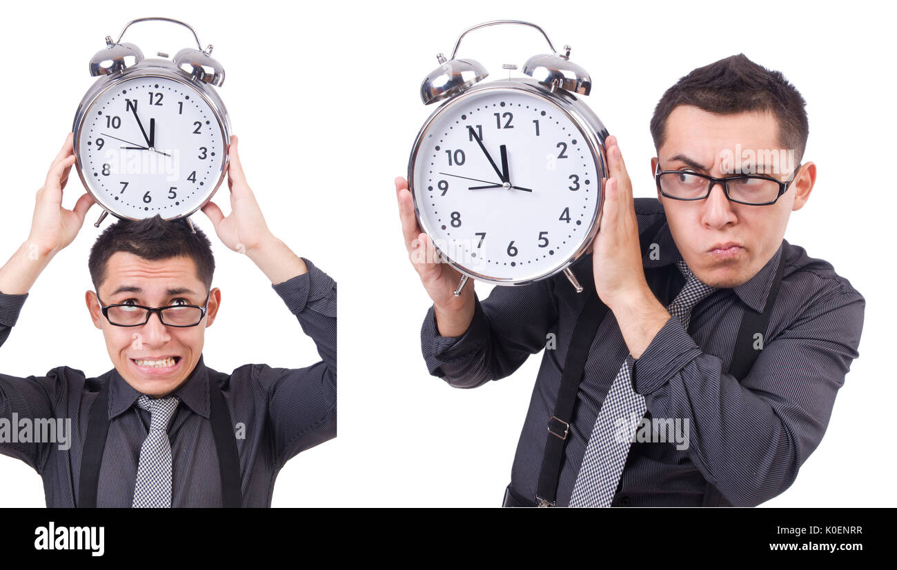 Funny businessman with clock isolated on white Stock Photo - Alamy