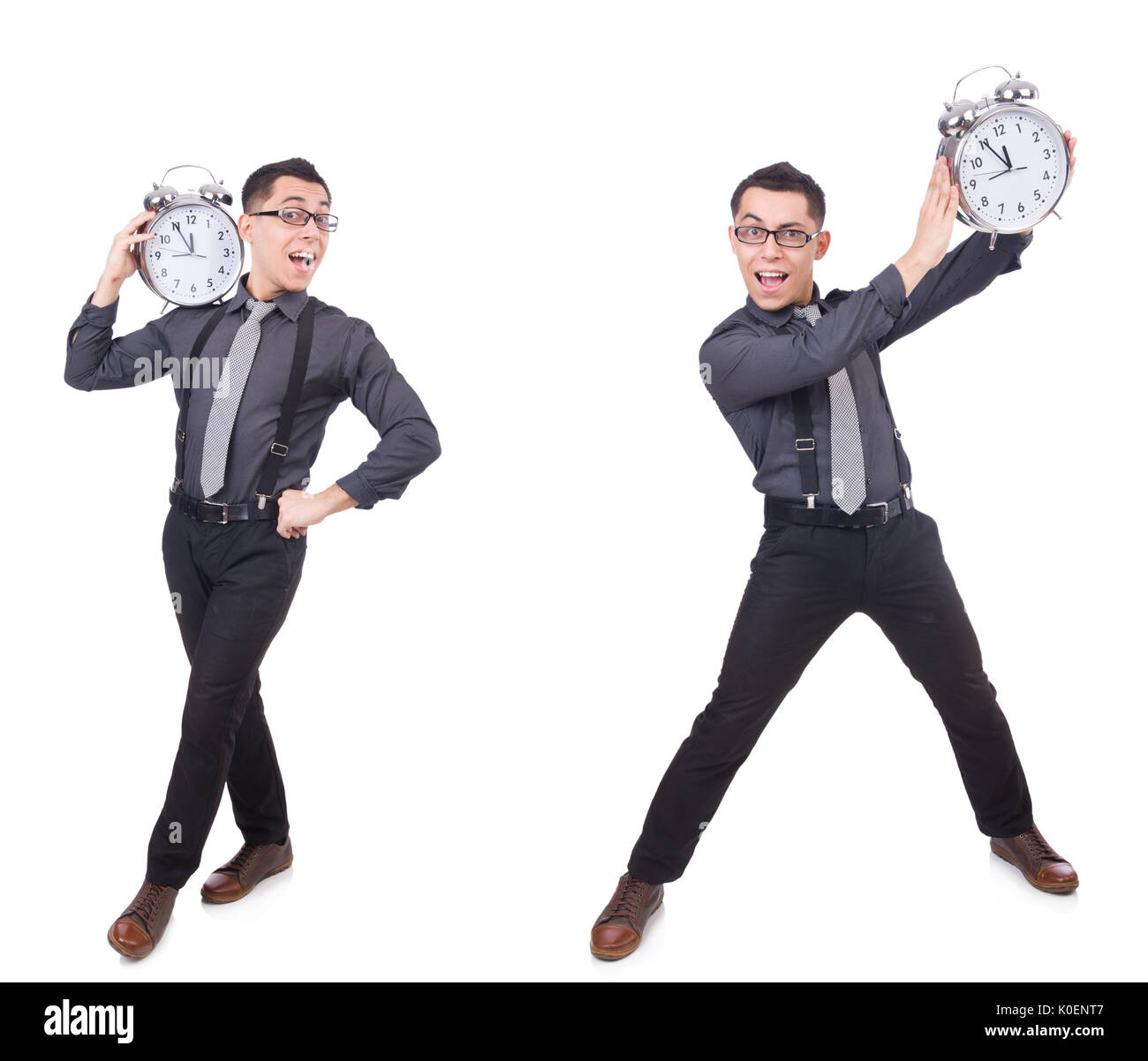 Funny businessman with clock isolated on white Stock Photo - Alamy
