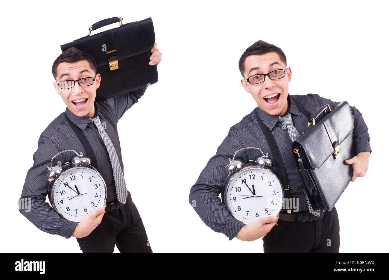 Funny businessman with clock isolated on white Stock Photo - Alamy