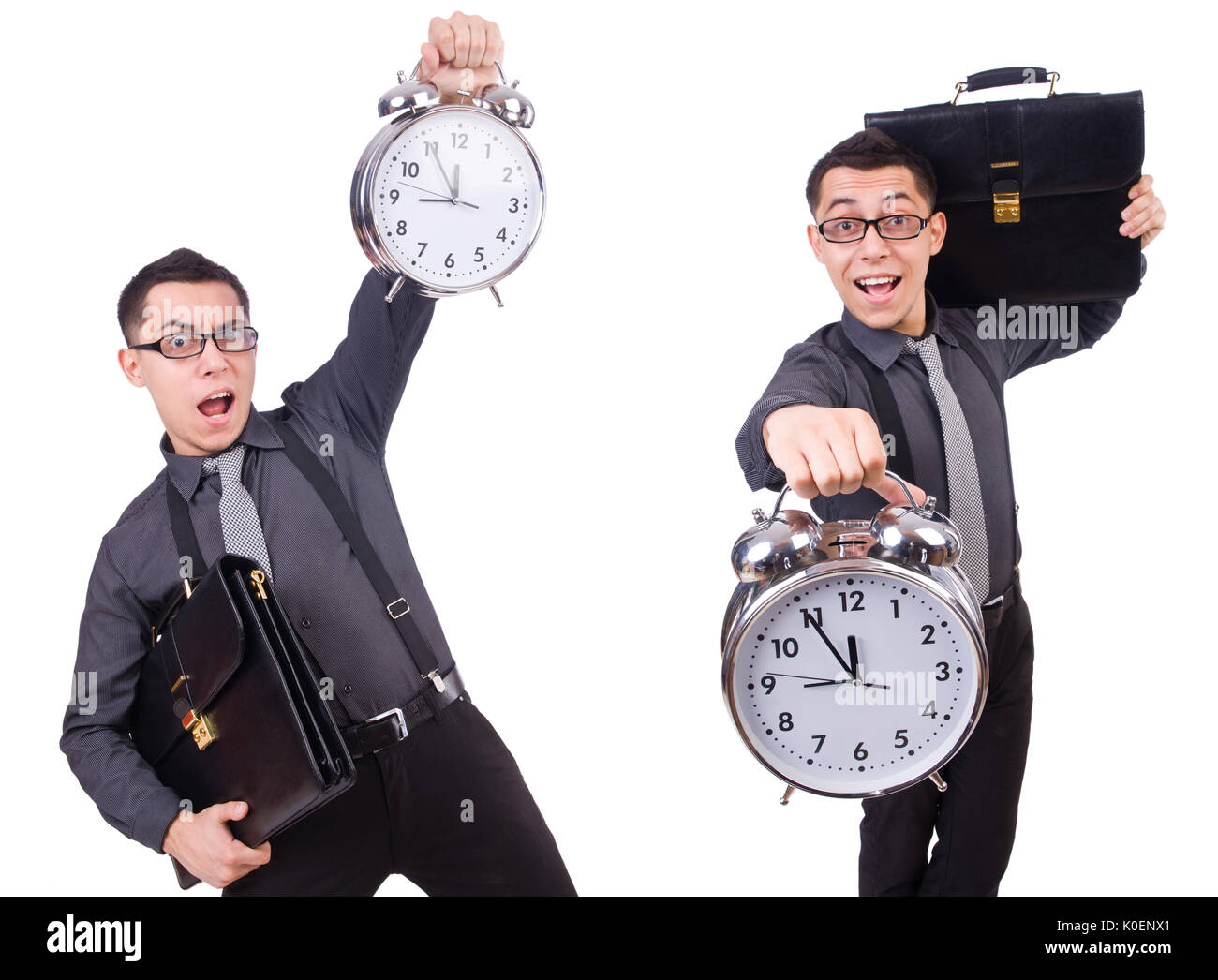 Funny businessman with clock isolated on white Stock Photo - Alamy