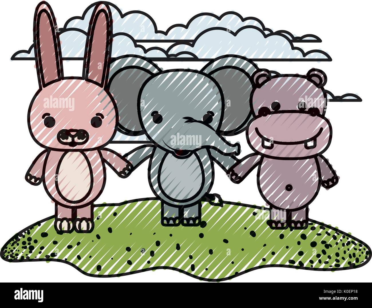 color crayon silhouette scene rabbit elephant and hippopotamus ...