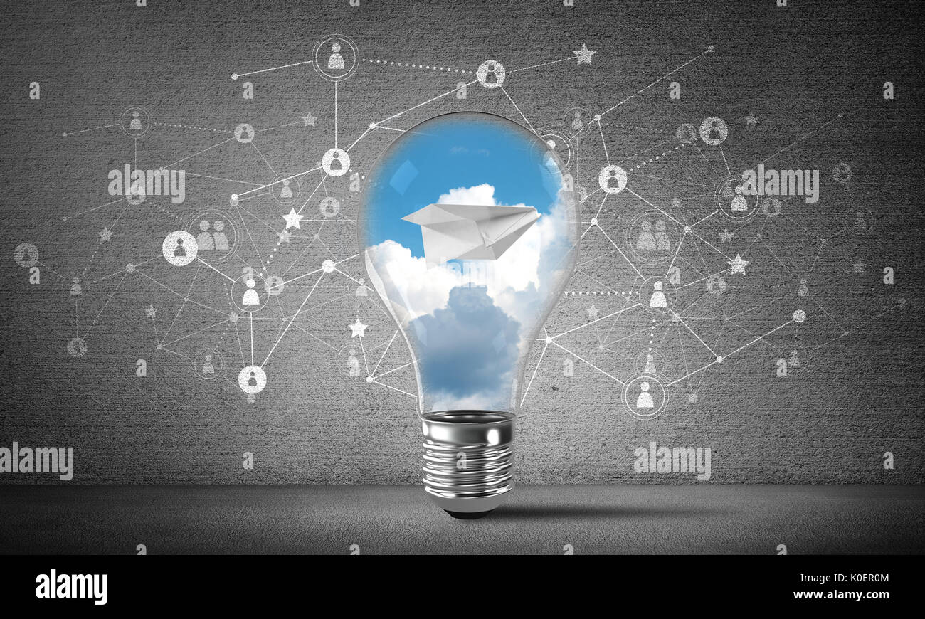 Flying paper plane in the sky inside lightbulb Stock Photo - Alamy