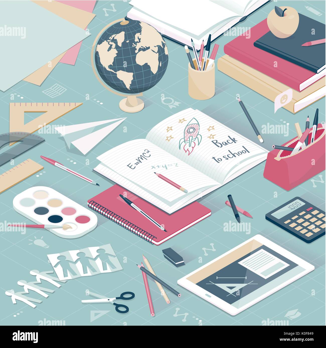 Back to school: desktop with school supplies and a digital tablet ...