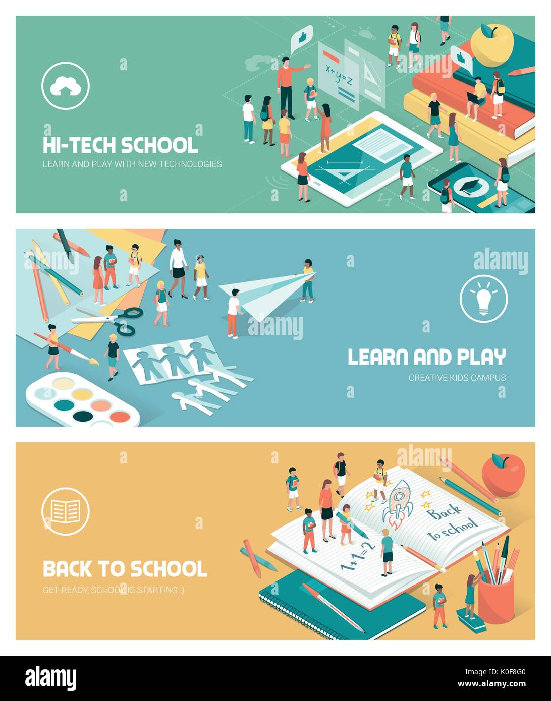 School, education and learning banners set with kids, teachers and ...