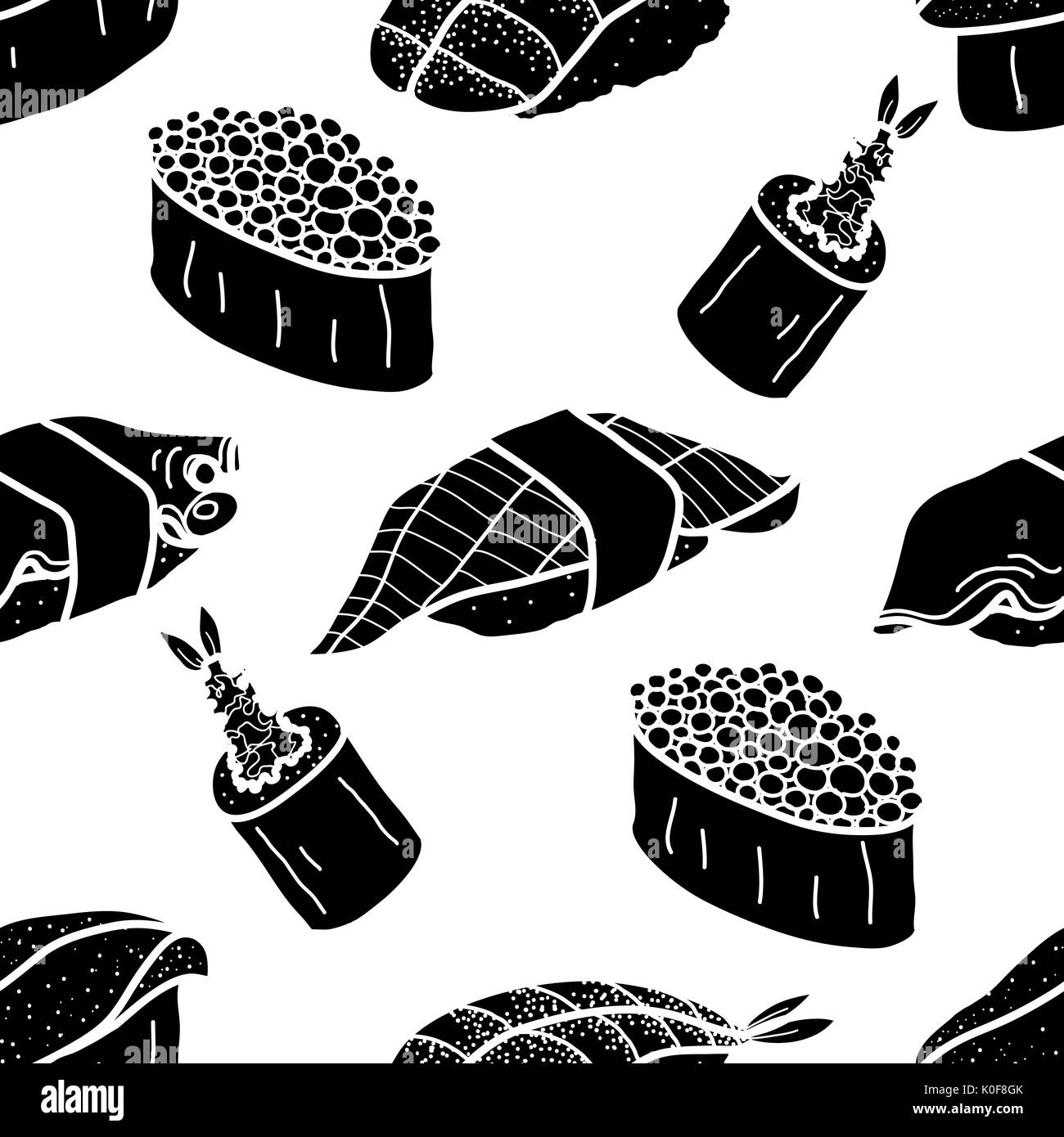 6 silhouette sushi and roll on white blackground. Cute japanese food ...