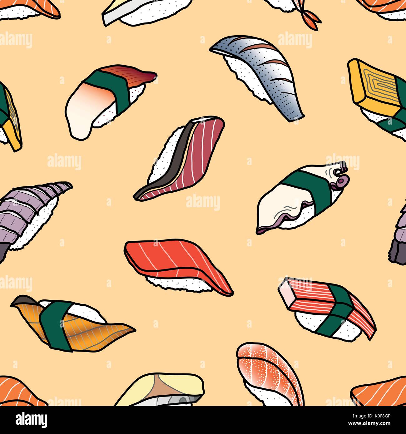 A lot of colorful sushi random on pastel pink background. Cute japanese ...