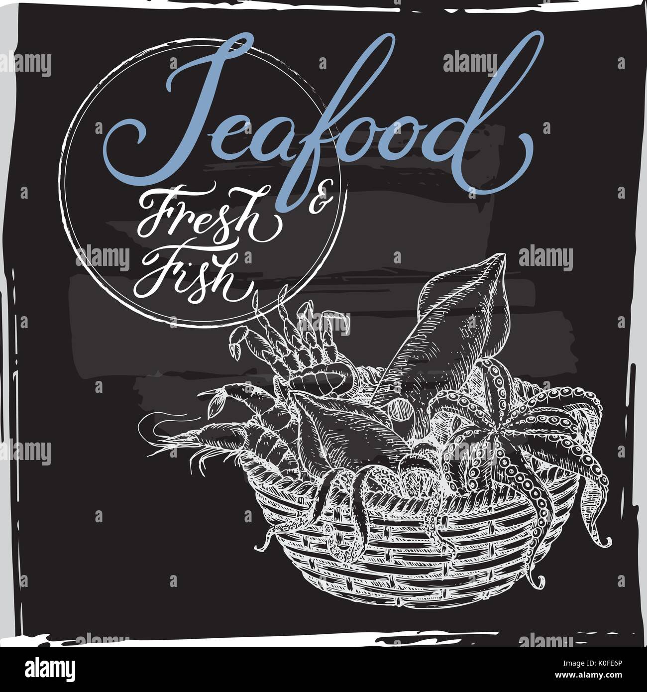 Seafood template with calligraphy on black backrgound Stock Vector ...