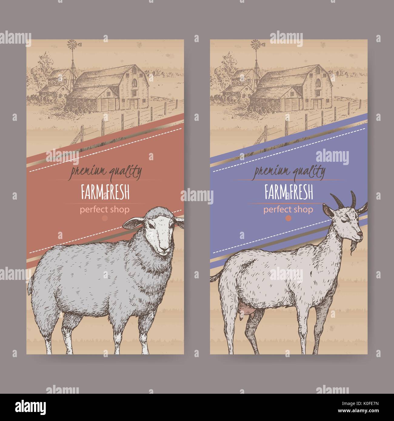 Two farm shop labels with farmhouse, barn, sheep and goat Stock Vector ...