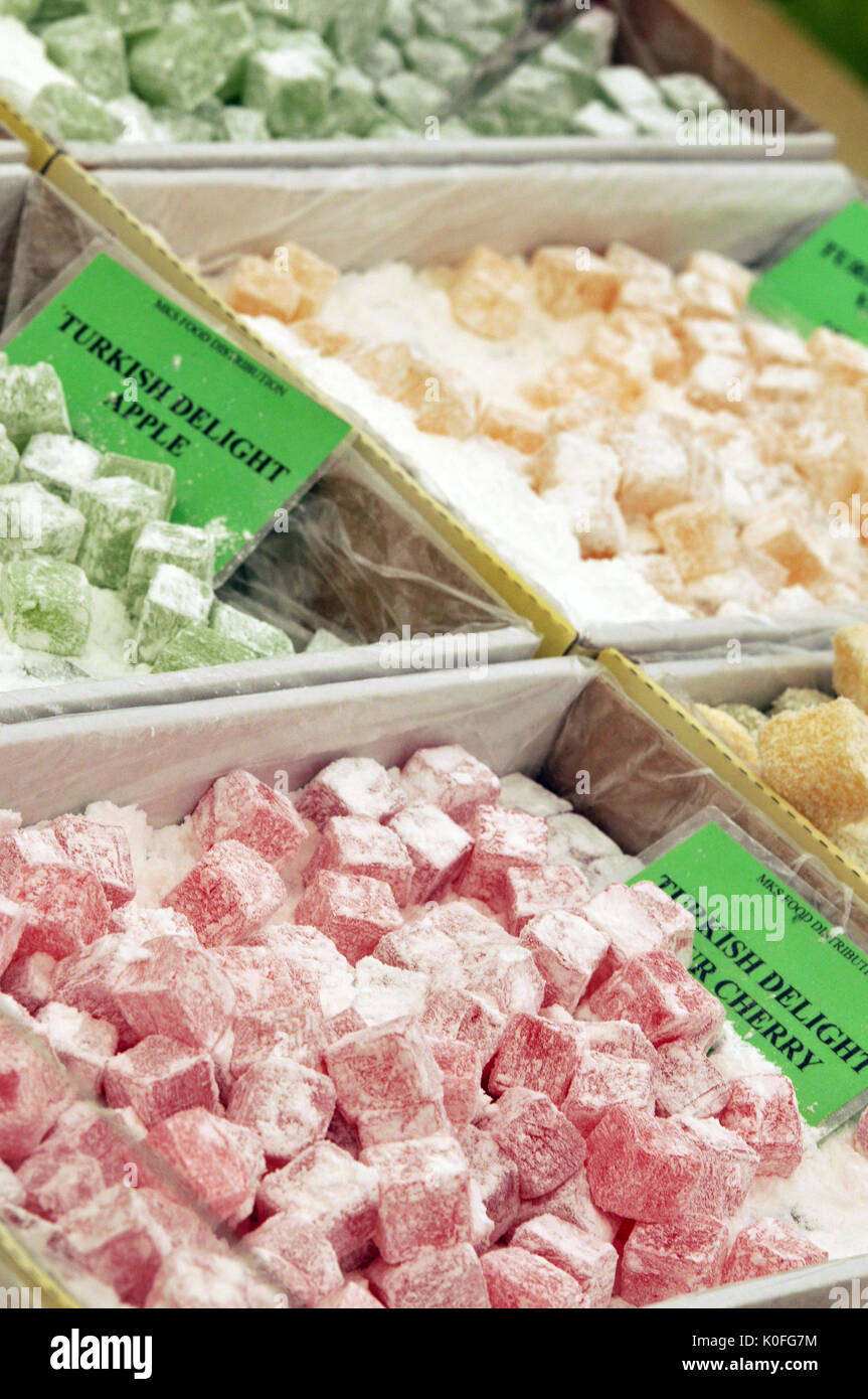 flavoured Turkish delight sweets for sale on a market stall as a sweet ...