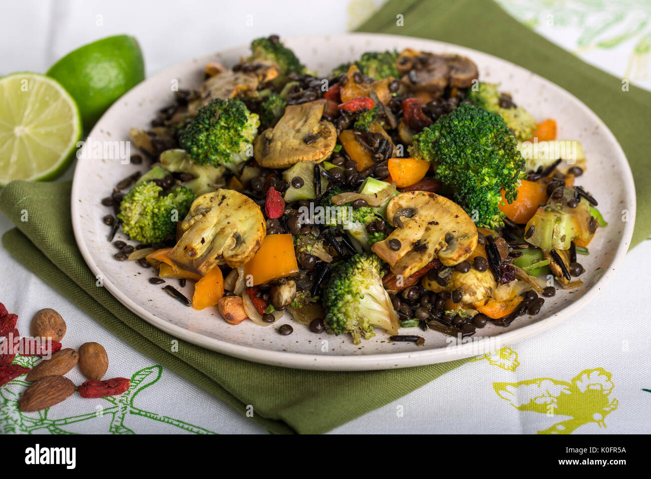 Closeup shot of healthy Vegan Mix of Broccoli Wild Rice and Lentils ...