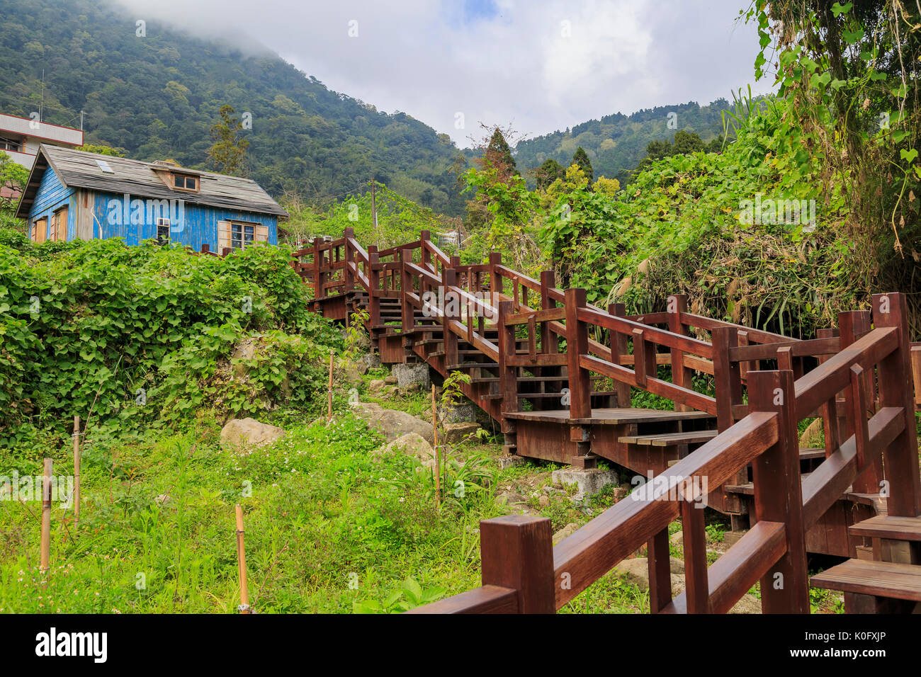 The famous Jimmy blue wooden house at Fenqihu area, Taiwan. It's a ...
