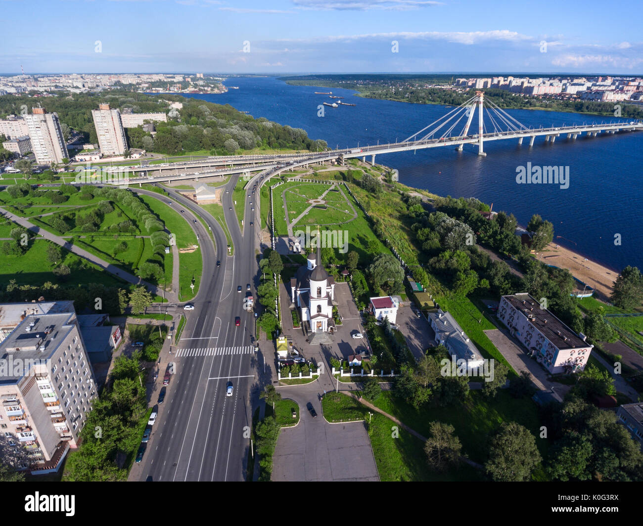 CHEREPOVETS, RUSSIA-CIRCA AUG, 2017: Aerial view at the first cable-stayed bridge across the ...