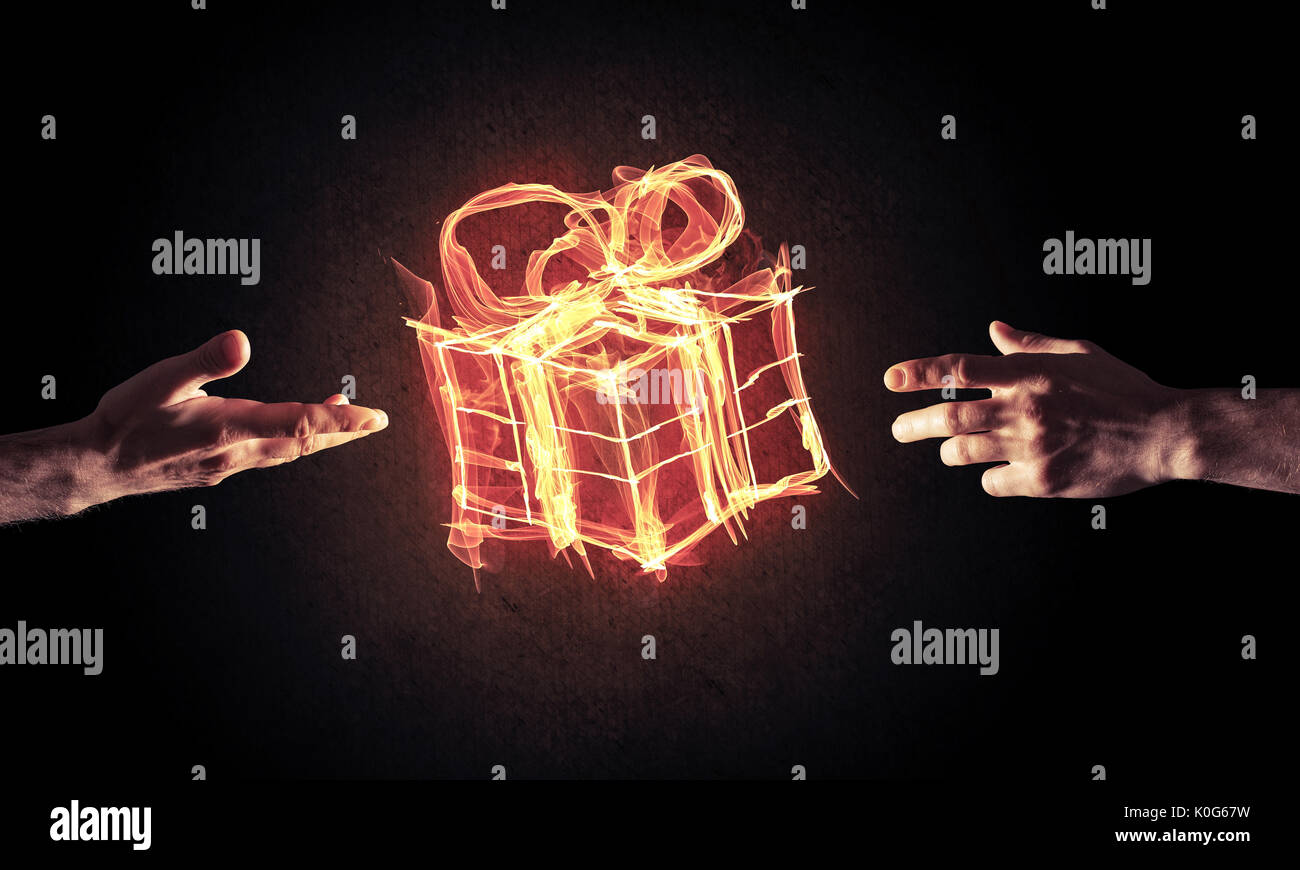 Concept of celebration with fire burning gift symbol and creatio Stock ...