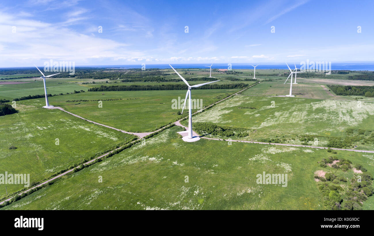 Panorama of onshore windmill park with turbines for electricity ...