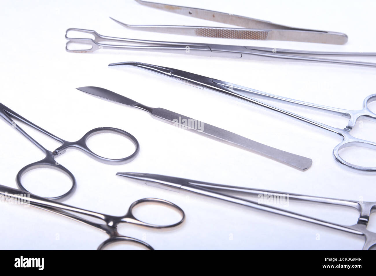Close Up Surgical instruments and tools on white background. Selective ...