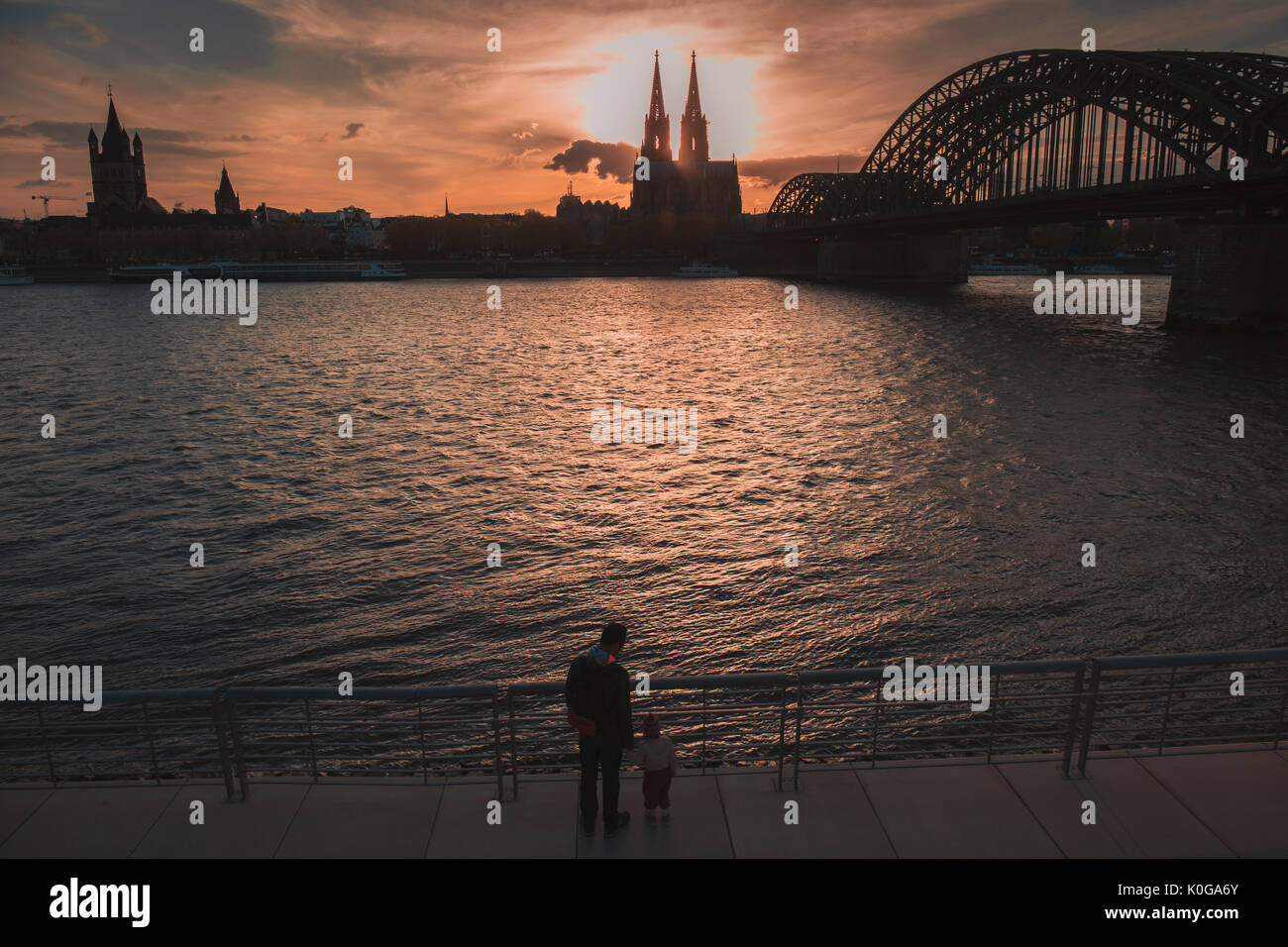 Cologne Cathedral and Hohenzollern Bridge from Rhine promenade by ...
