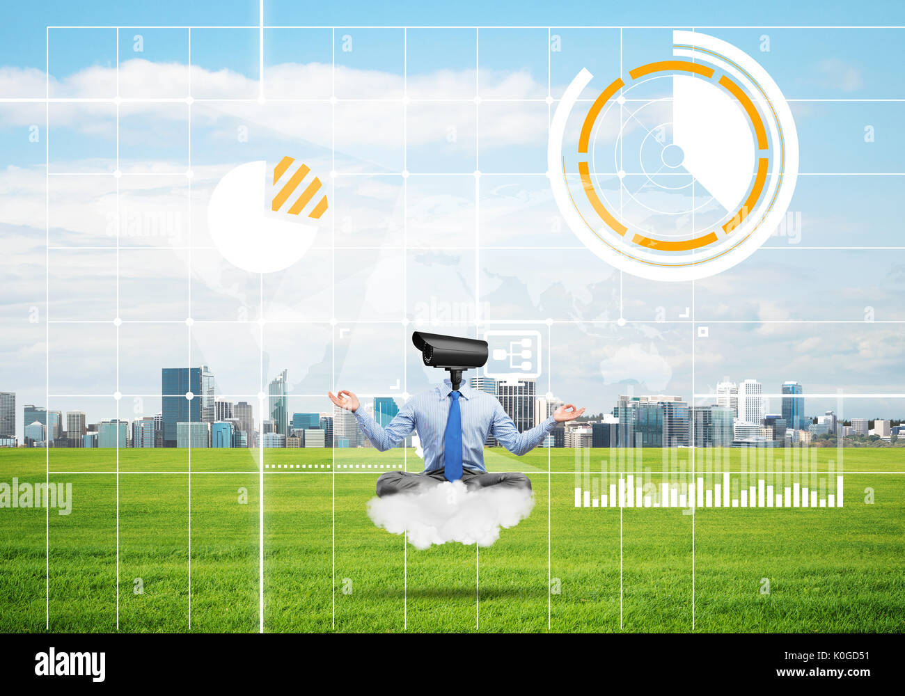 Camera headed man sitting in lotus pose on cloud against modern ...