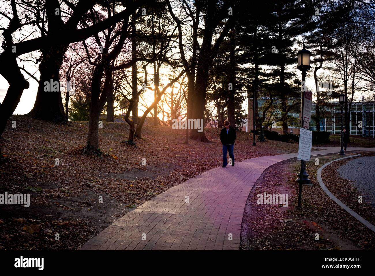 A college student walks down a path leading to the east entrance of the ...