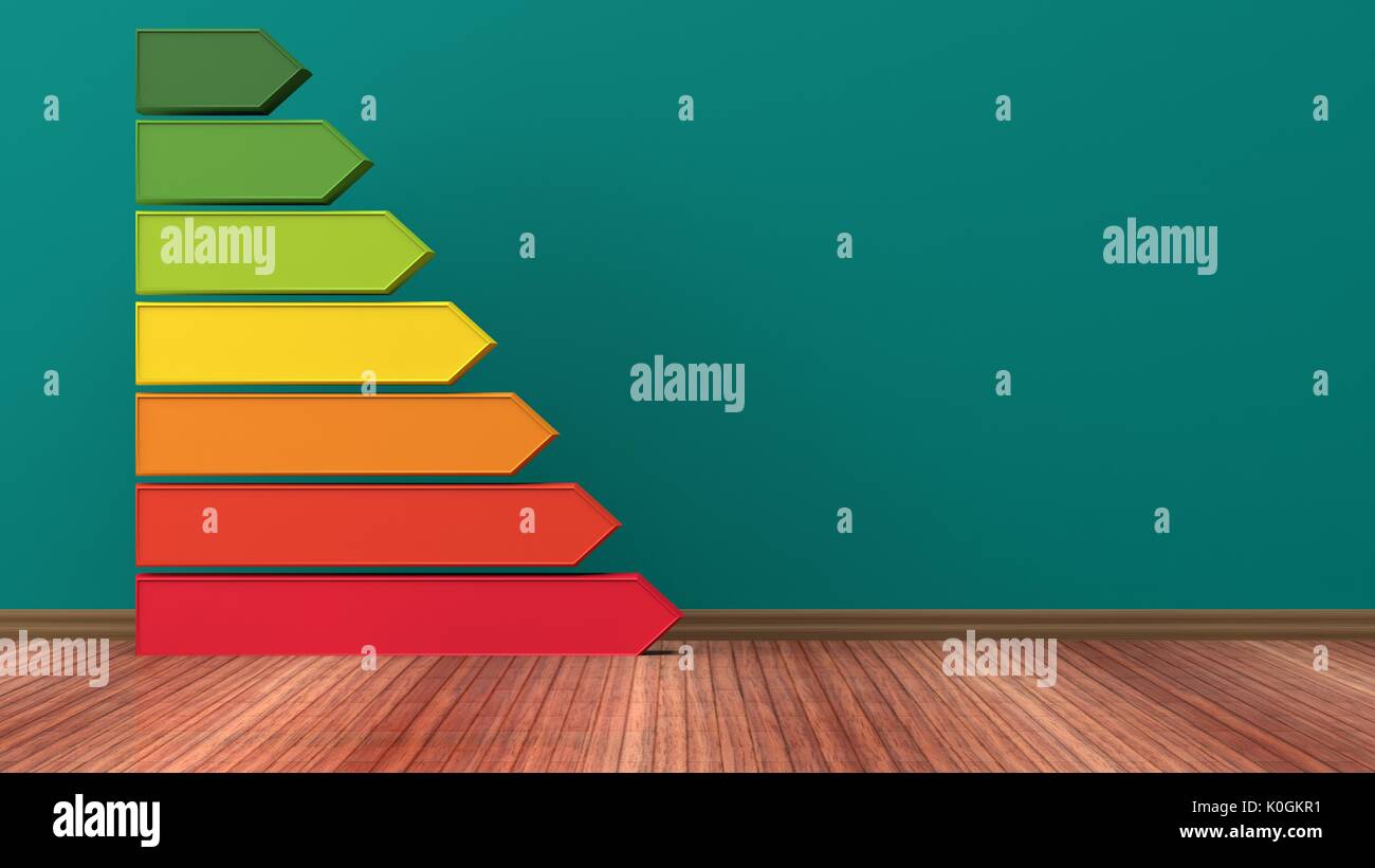 Energy efficiency bars on wooden floor background. 3d illustration ...