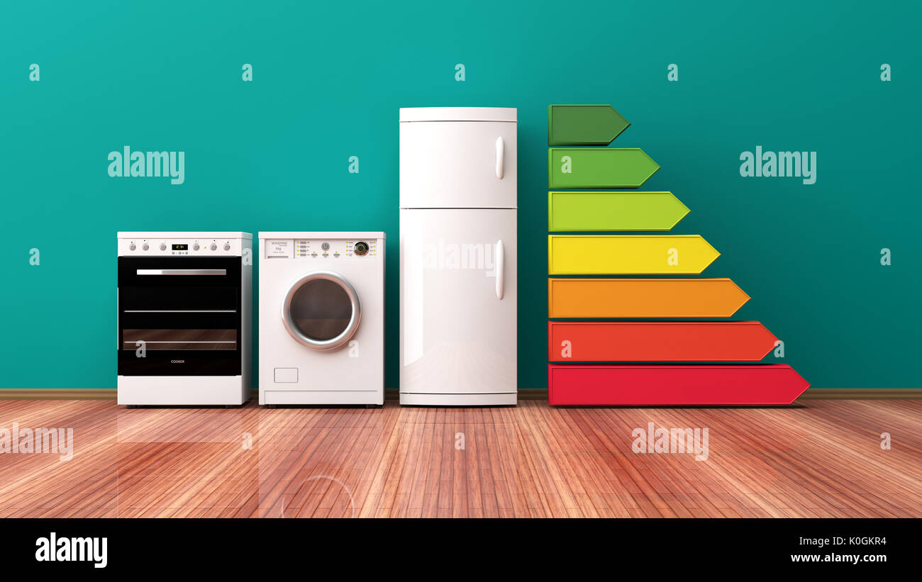 Home appliances and energy efficiency ranking. 3d illustration Stock ...