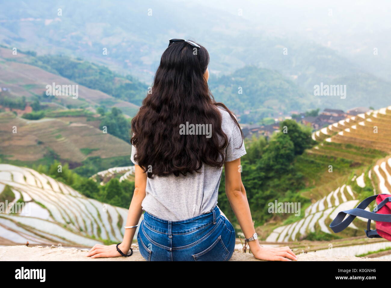 Girl sitting at rice terrace viewpoint and enjoying the view Stock ...