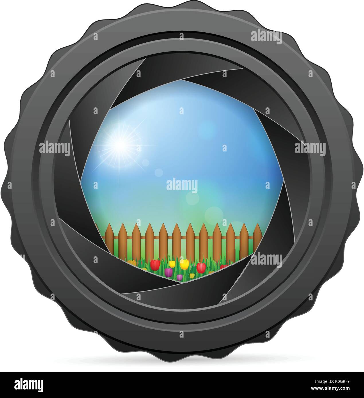 Camera shutter with tulips landscape on white background. Vector ...