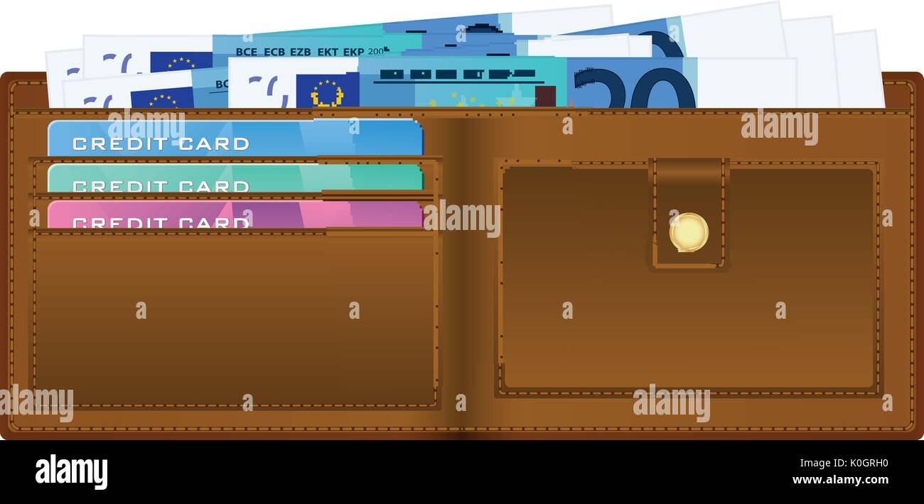 Open wallet with twenty euro banknotes and credit cards. Vector ...