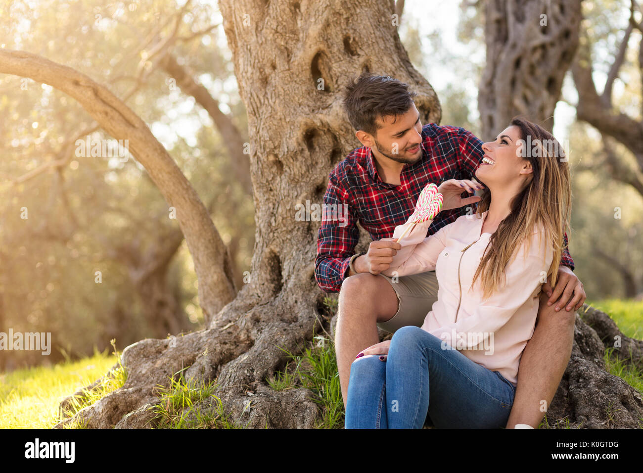 Loving couple under a big tree in the park in autumn Stock Photo - Alamy