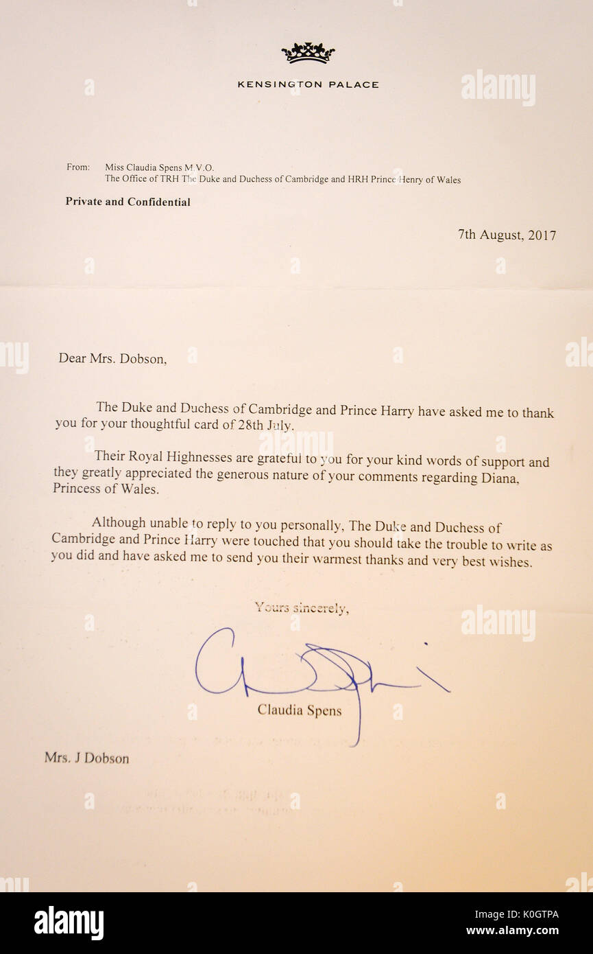 A letter from Kensington Palace sent to Jo Dobson after she invited the ...