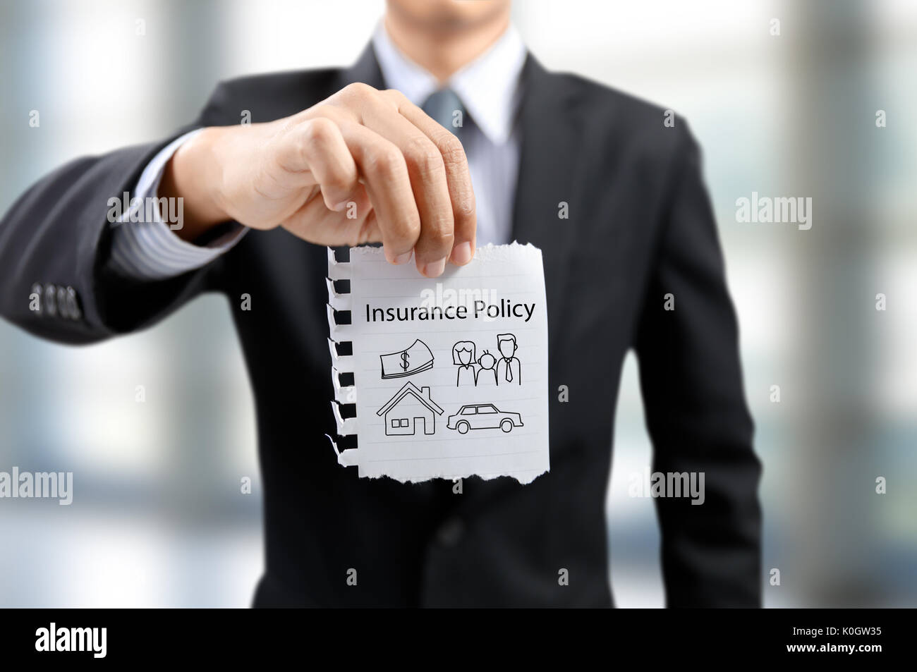 businessman present insurance policy with money, car, family, people ...