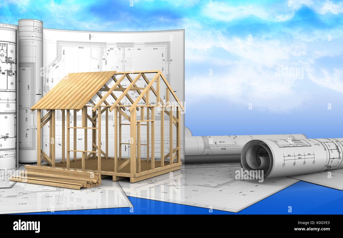 3d illustration of frame house construction with drawings over sky ...